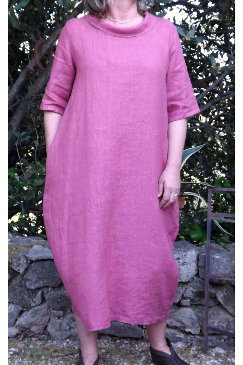 Robe longue en lin de couleur rose malice