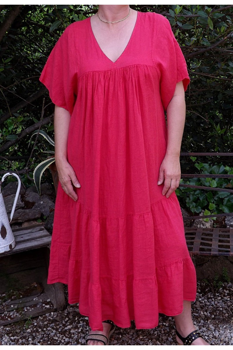 Robe longue en lin grande taille col V de couleur fuchsia
