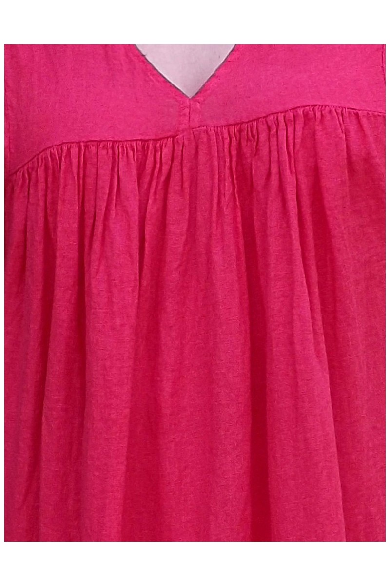 Robe longue en lin grande taille col V de couleur fuchsia