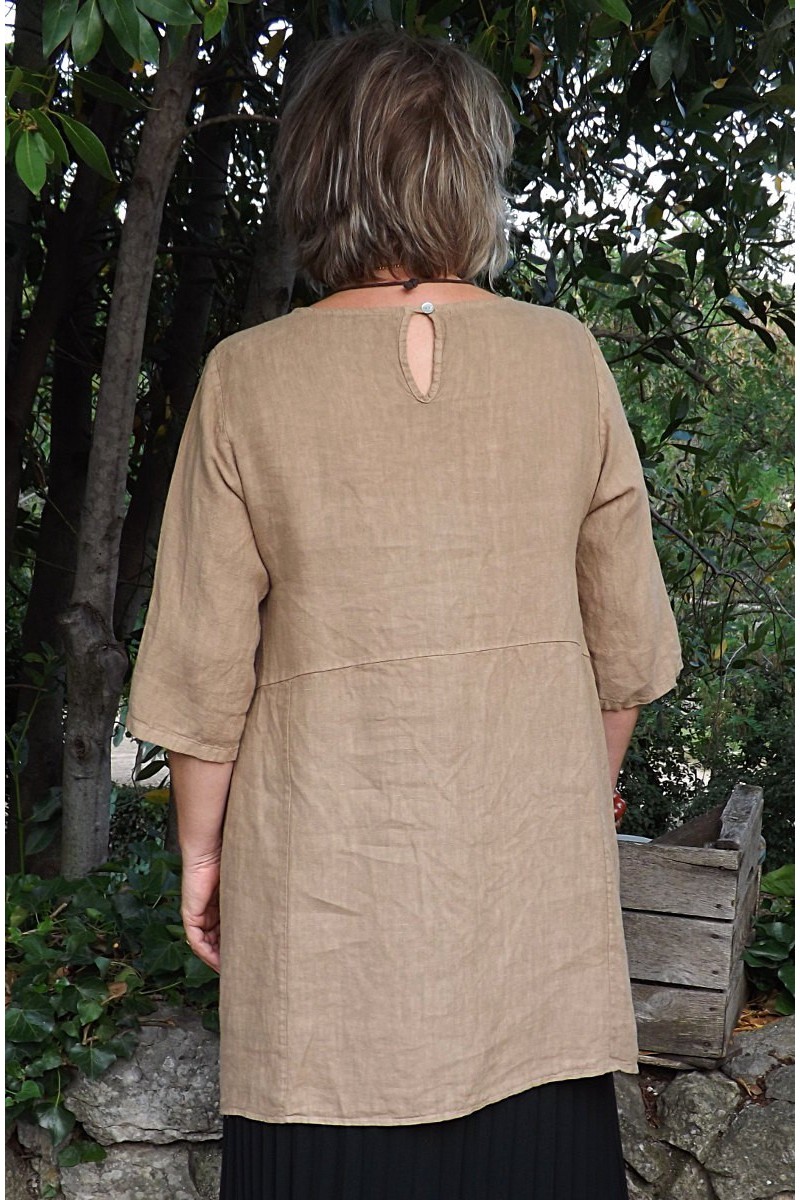 Tunique en lin cappuccino grande taille manches 3/4