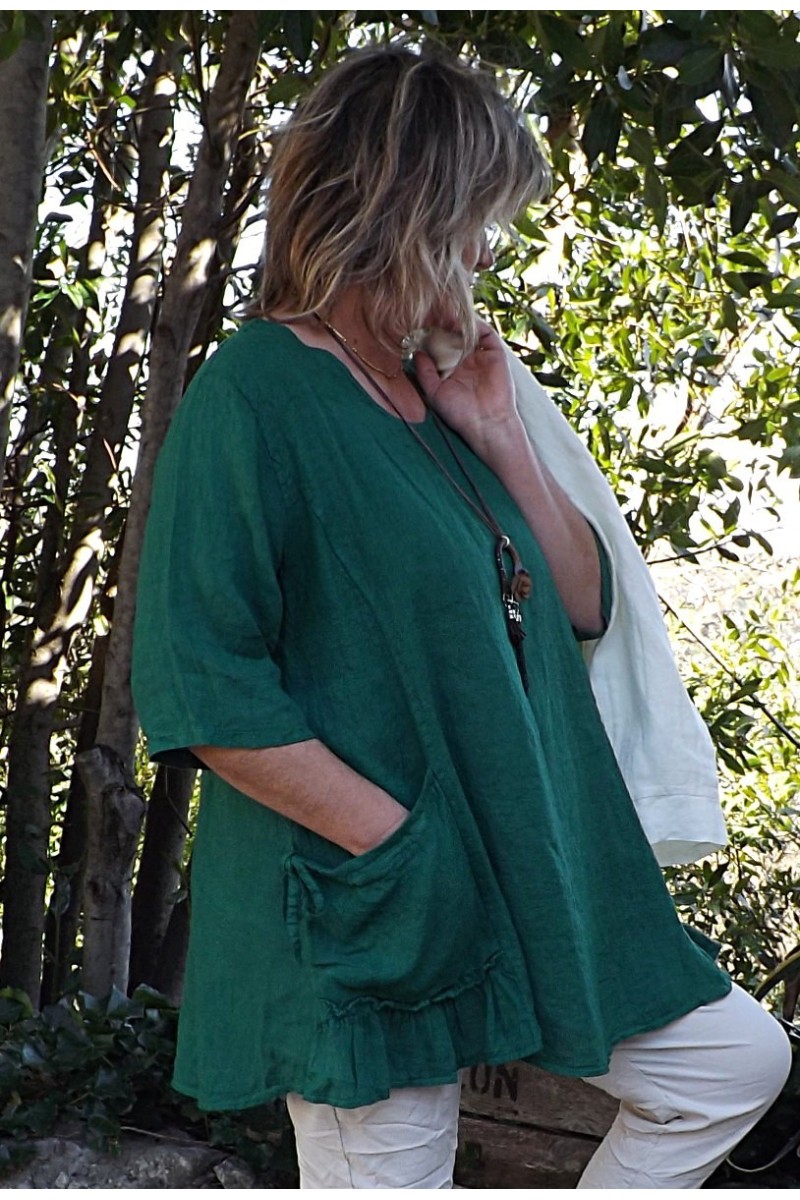 Tunique lin grande taille couleur vert sapin pour femme.
