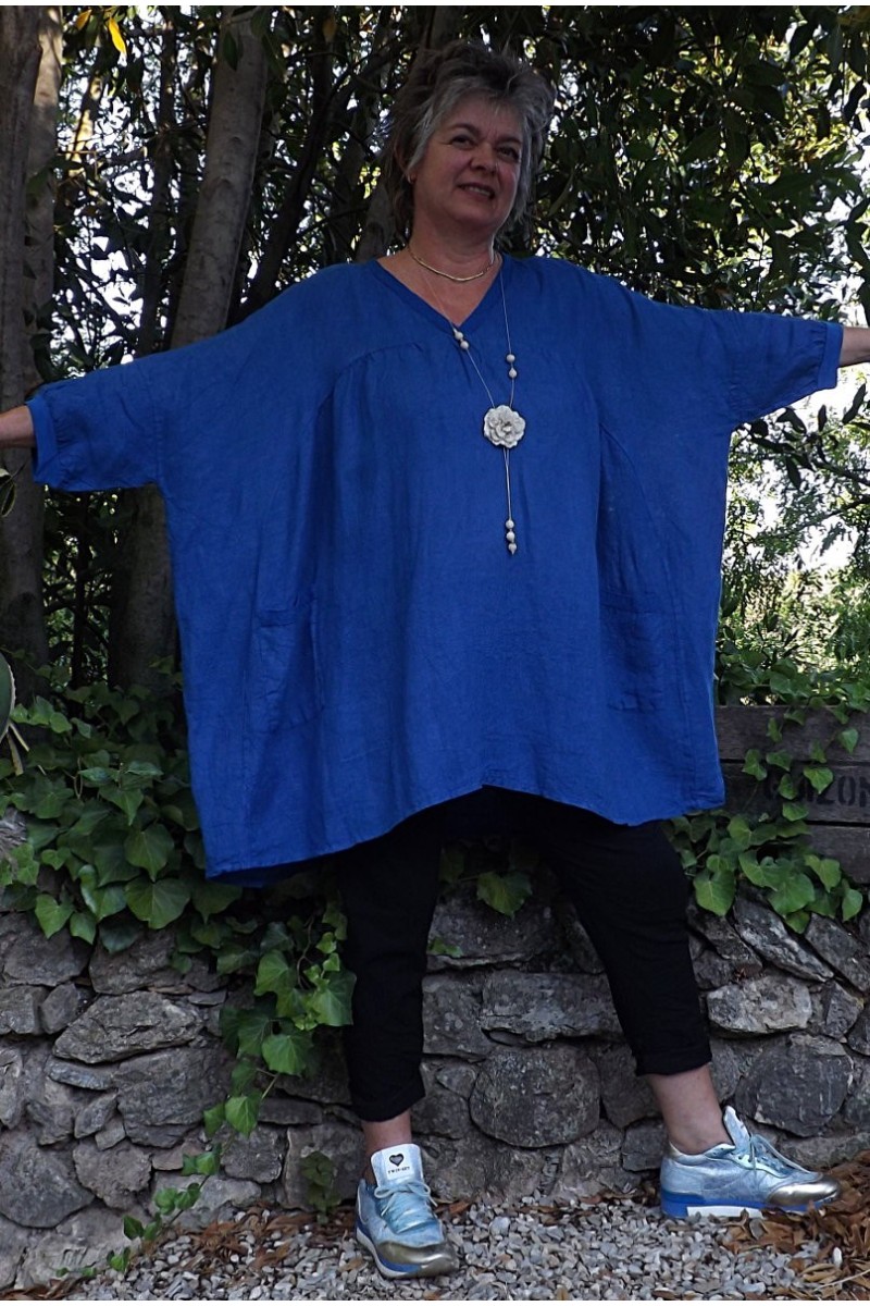 Tunique lin grande taille bleu roi