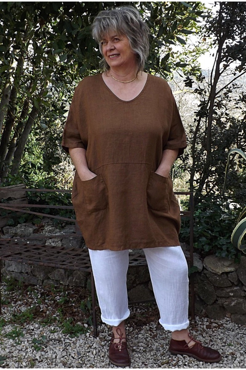 Tunique lin femme grande taille lin naturel couleur café