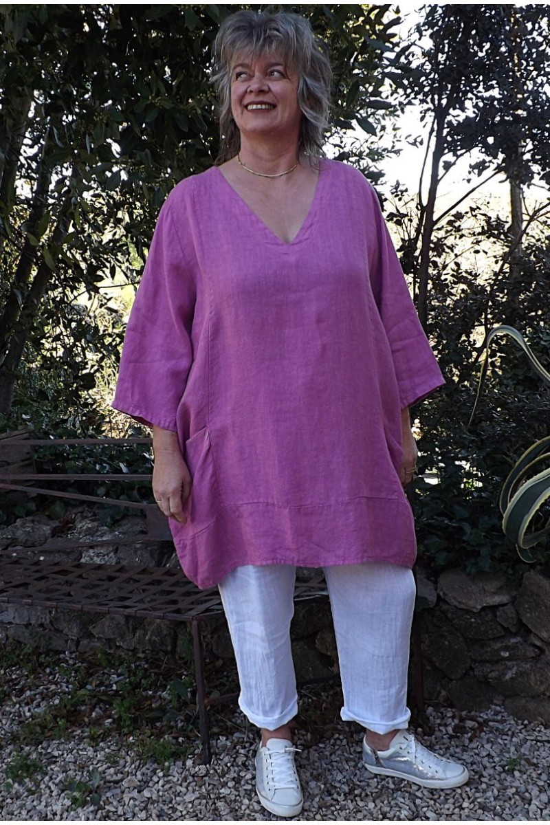 Tunique lin femme grande taille de couleur camélia.