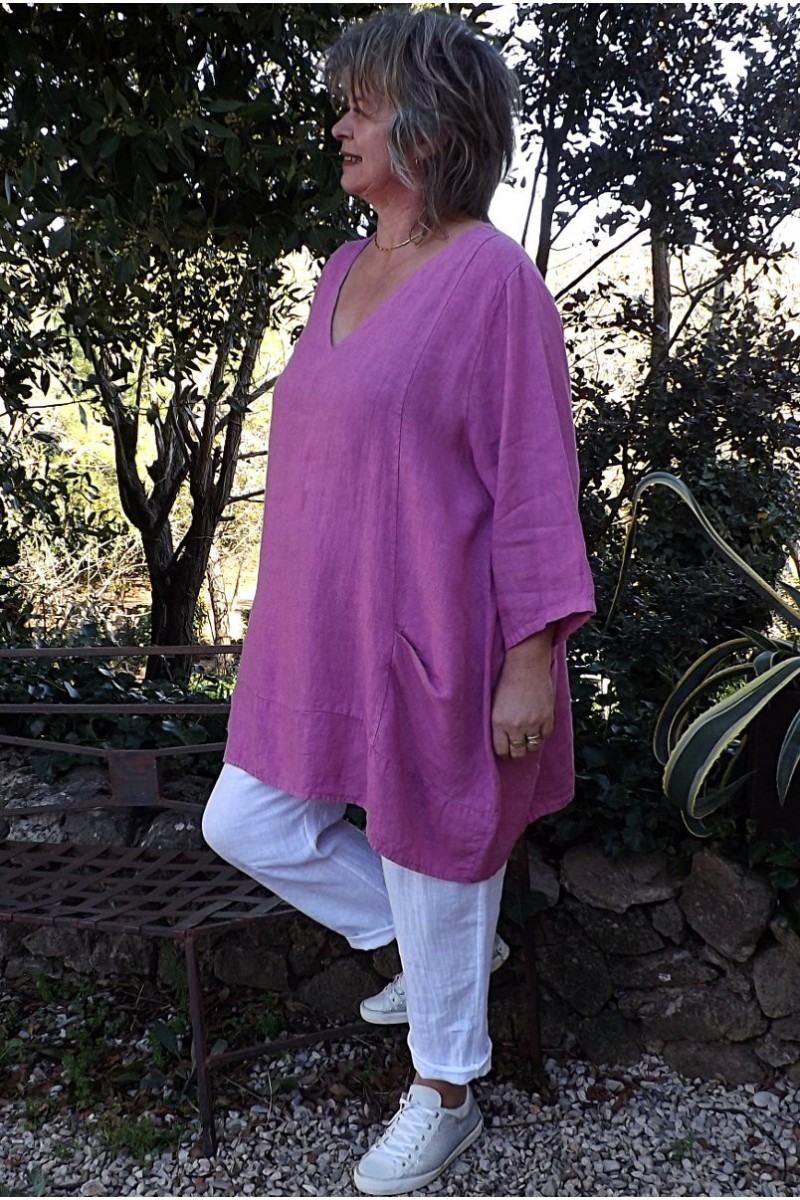 Tunique lin femme grande taille de couleur camélia.