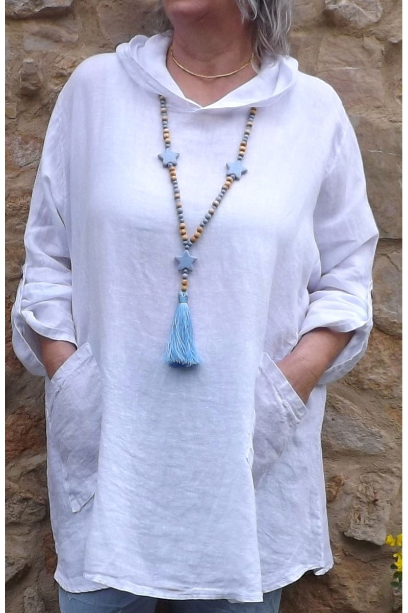 Tunique lin blanche grande taille avec capuche pour femme.