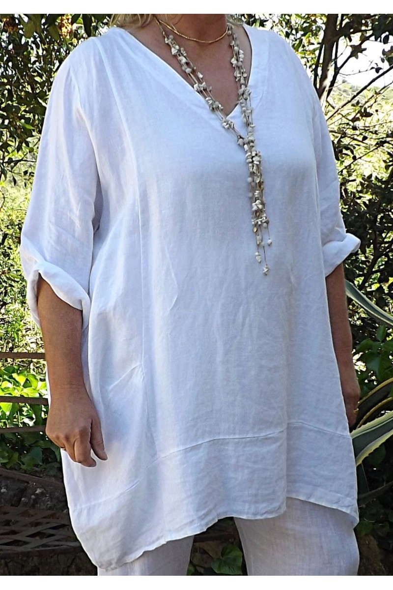 Tunique lin femme grande taille blanche.