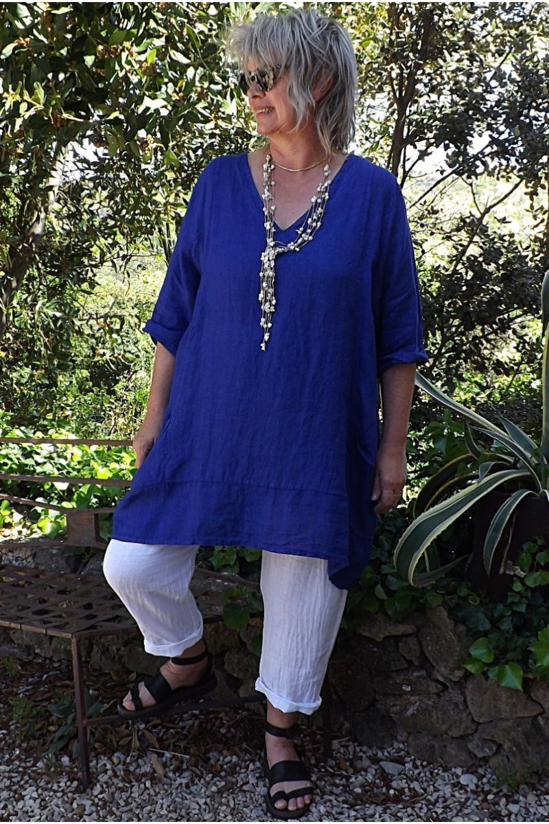 Tunique lin femme grande taille bleu atlantide.