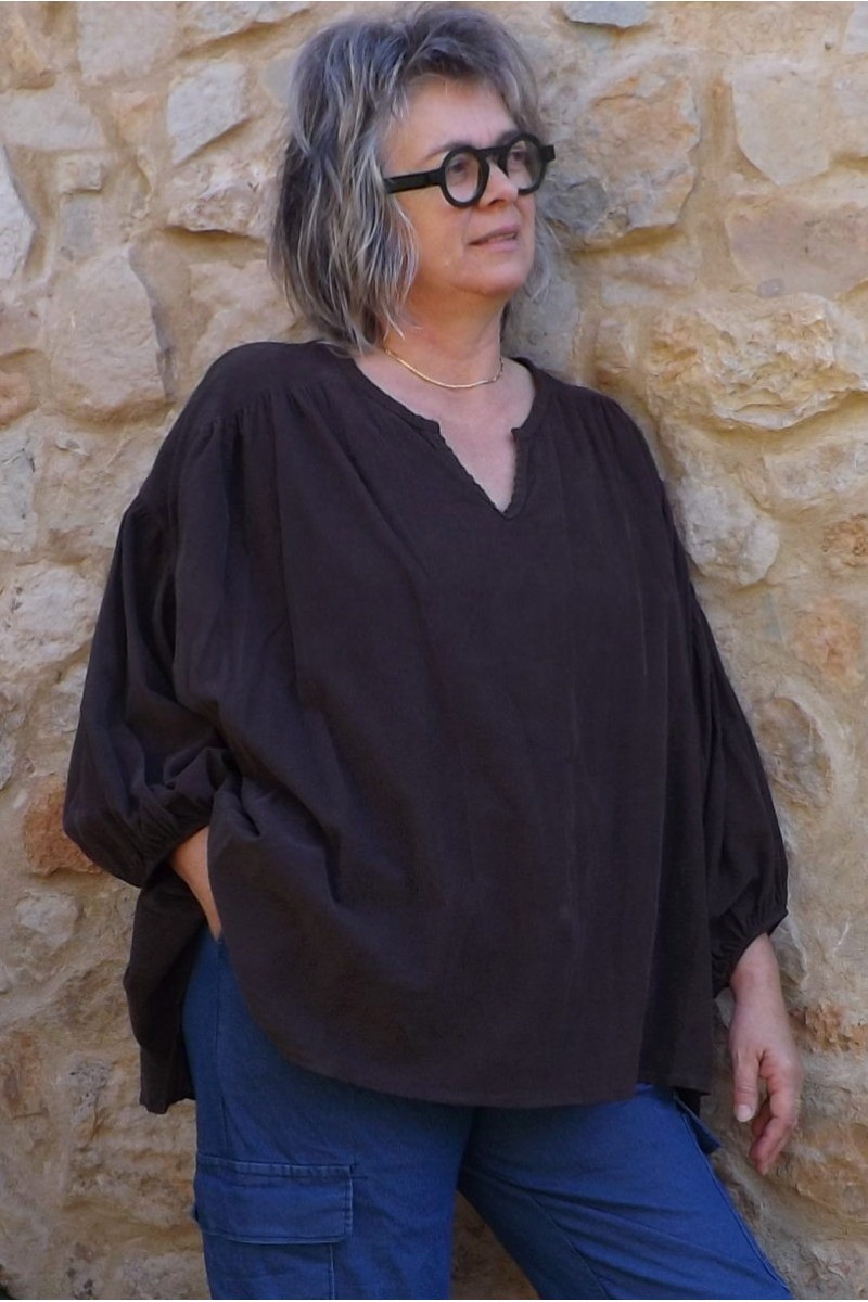 Blouse oversize femme grande taille en velours milleraies marron