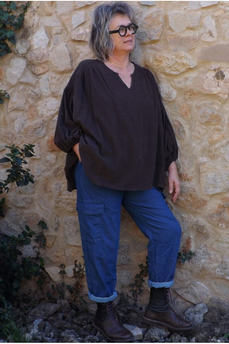 Blouse oversize femme grande taille en velours milleraies marron
