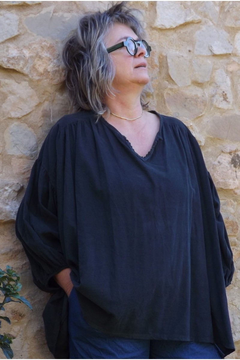 Blouse oversize femme grande taille en velours milleraies anthracite.