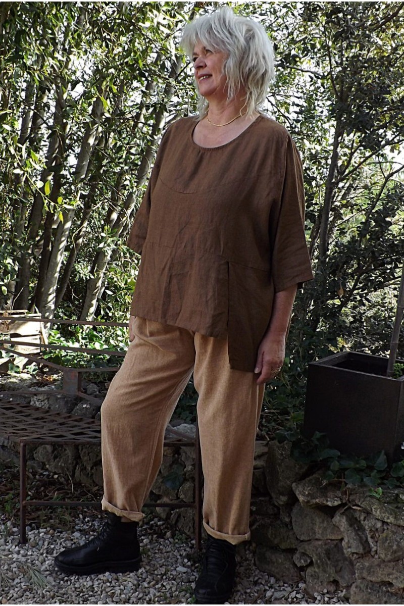 Pantalon en lin et coton grande taille couleur muffin