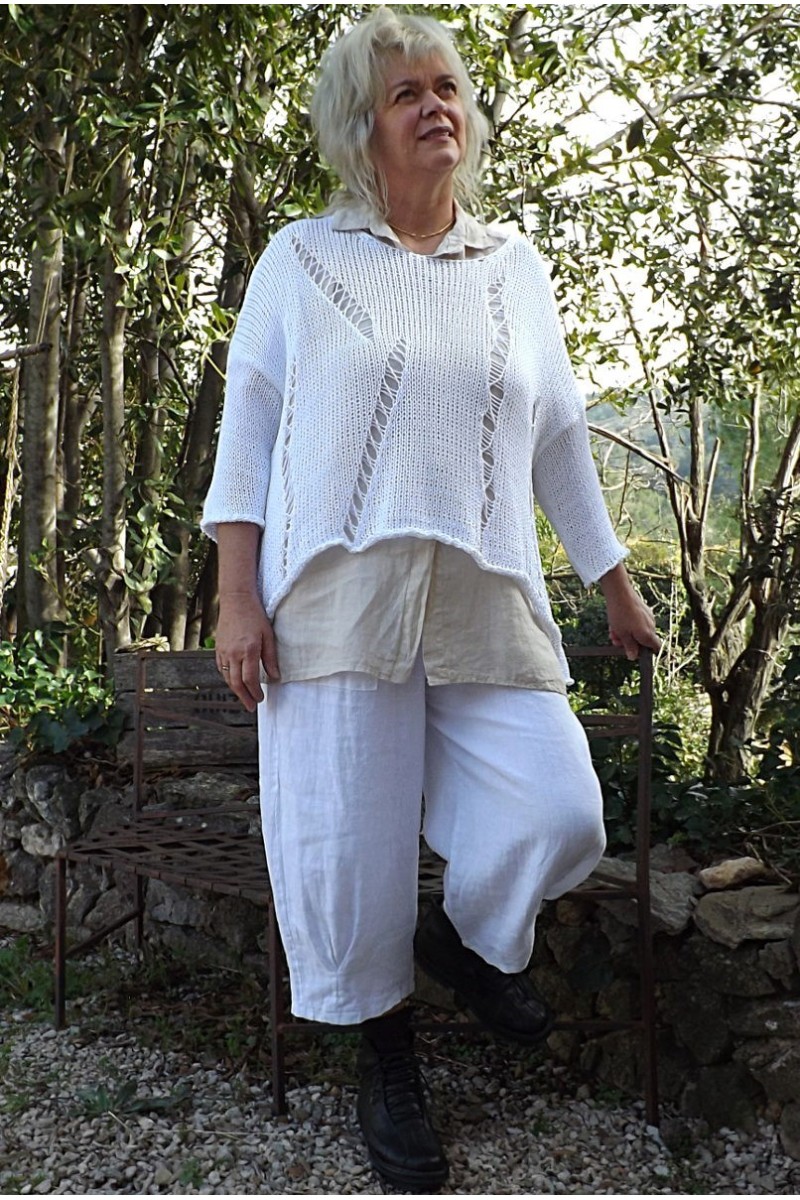Pull femme mailles coton manches longues grande taille en coton blanc.